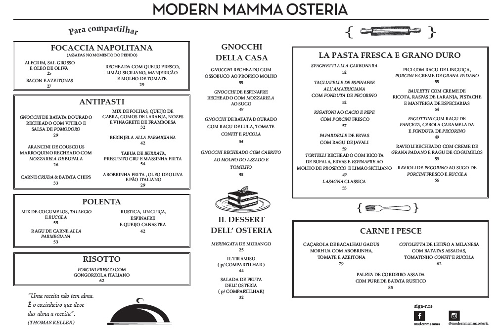 Cardápio Moma – Modern Mamma Osteria | VEJA SÃO PAULO
